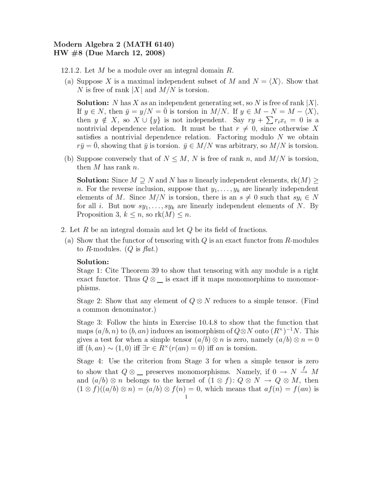 Homework 8 With Solutions Algebra Ii Math 6140 Docsity