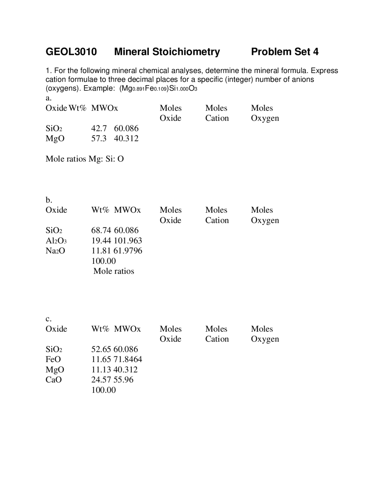 Problem Set 4 Introduction To Mineralogy Geol 3010 Docsity