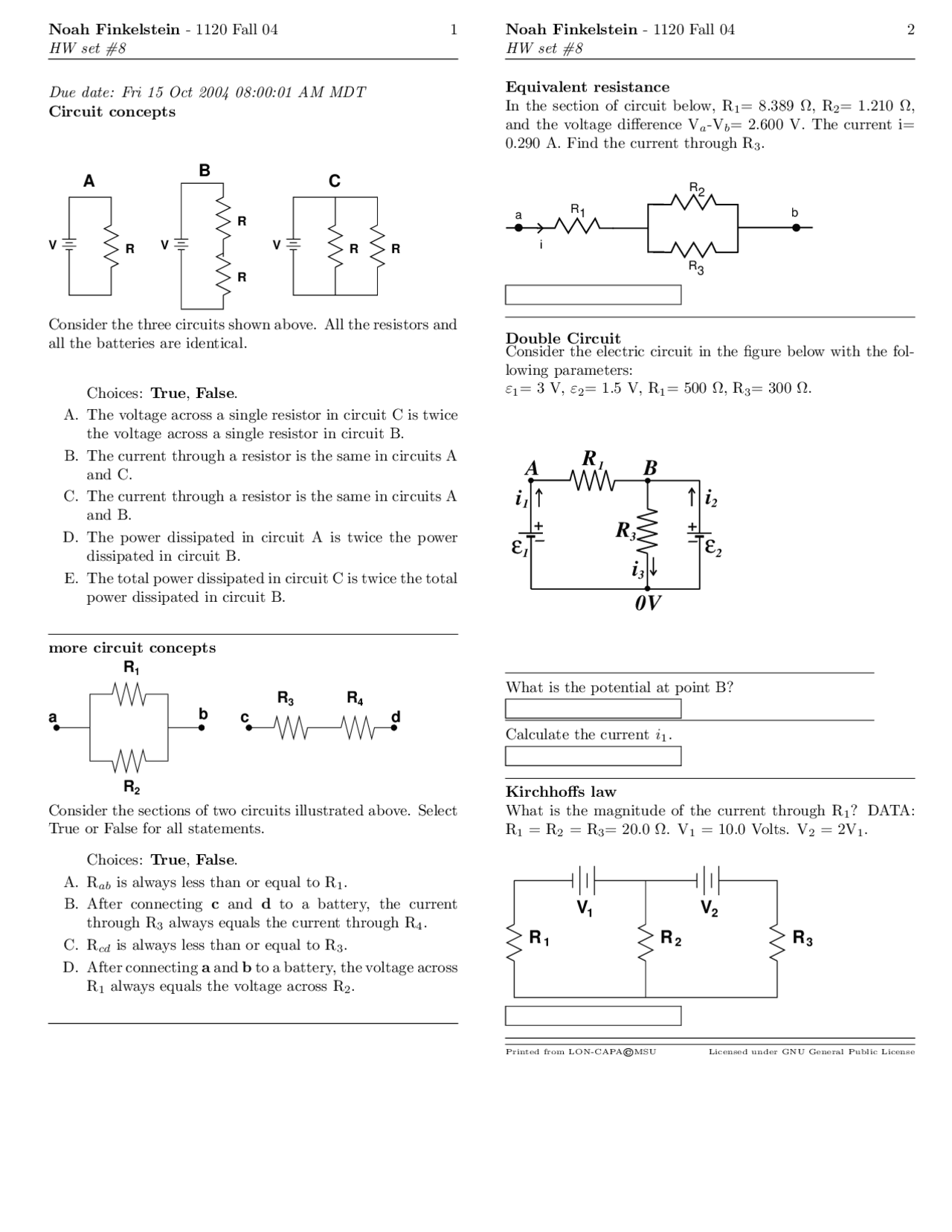 Circuit Concepts and Equivalent Resistance Homework Set 8 by Noah Finkelstein - Prof. Noah ...