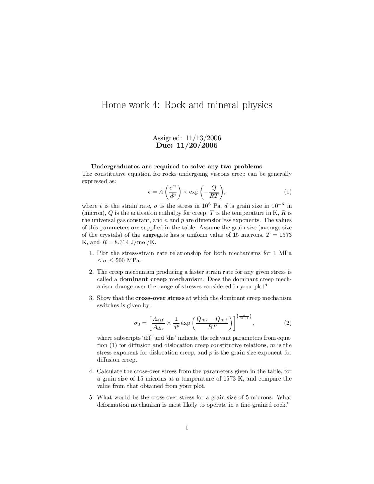 Homework 4 Rock And Mineral Physics Geophysics Geol 446 Docsity