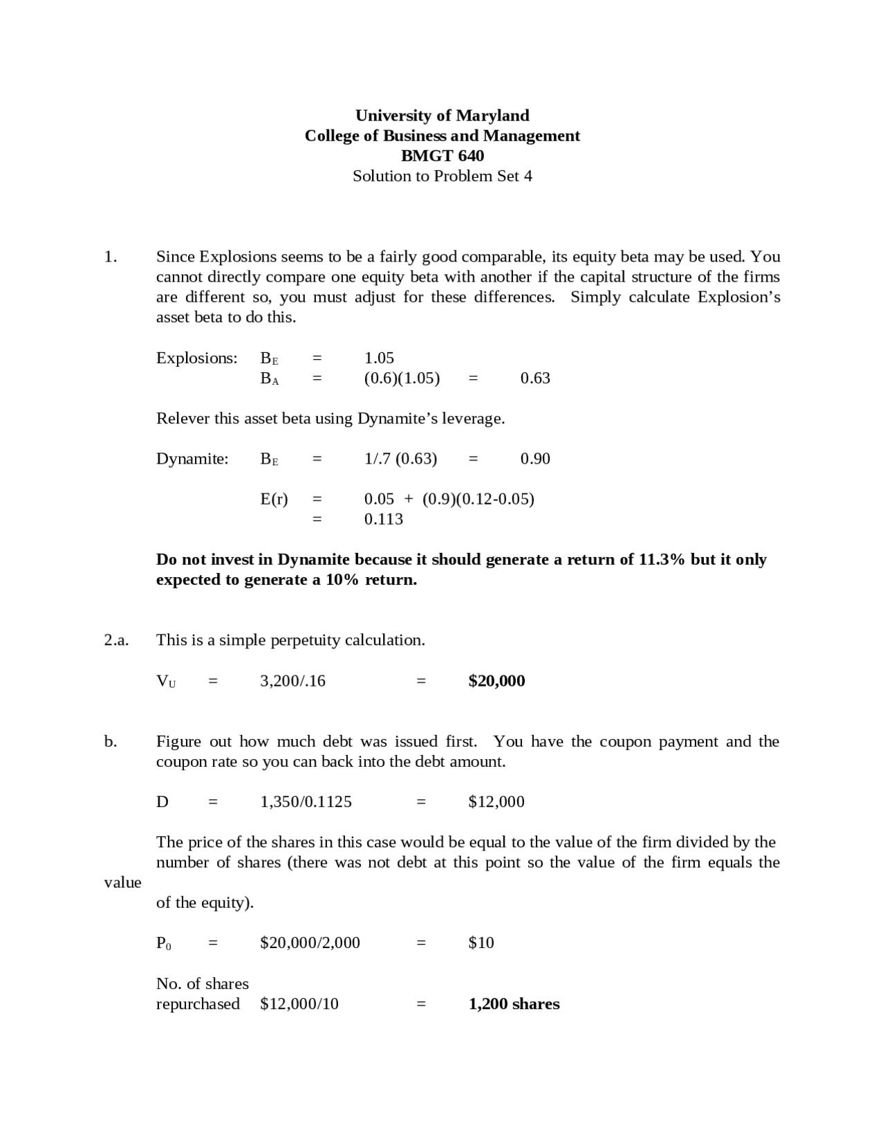 Solution To Problem Set 4 Homework Bmgt 640 Docsity