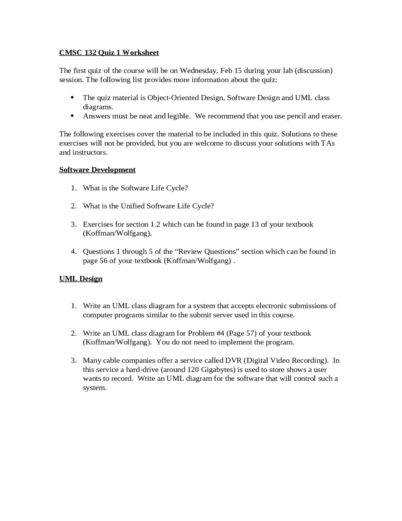 Quiz 1 Worksheet Object Oriented Programming I Cmsc 132 Quizzes