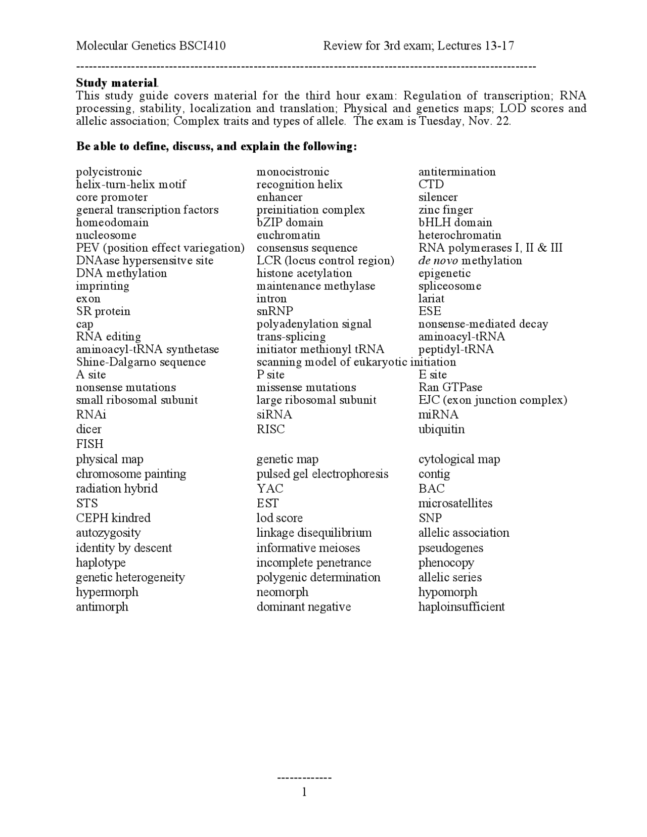 Third Exam Review Sheet Molecular Genetics Bsci 410 Docsity