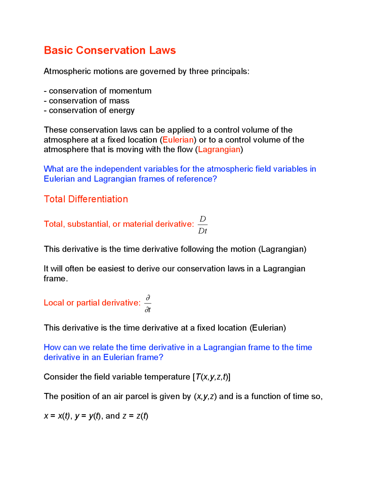 Basic Conservation Laws Lecture Notes Atoc 5050 Docsity