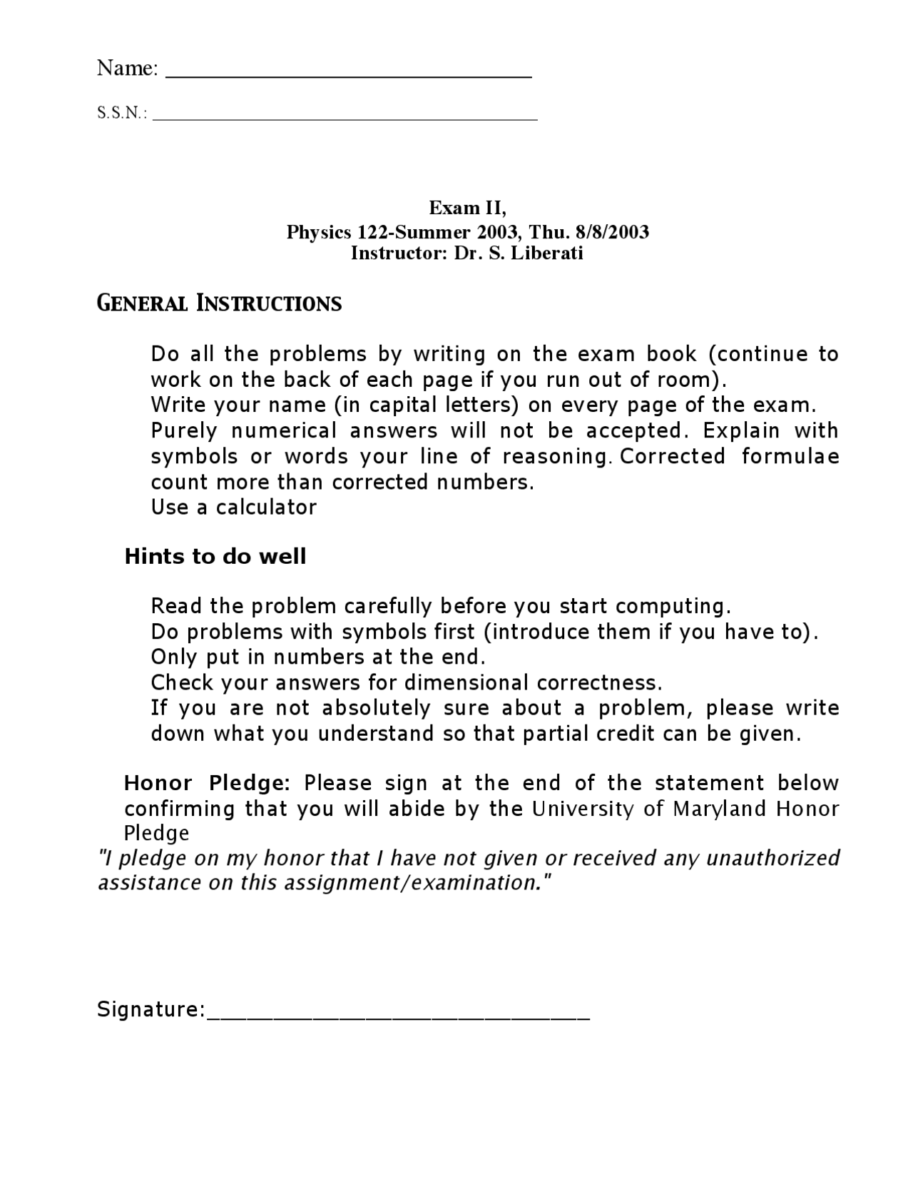 Fundamental Of Physics Old Exam 2 Summer 2003 Phys 122 Docsity