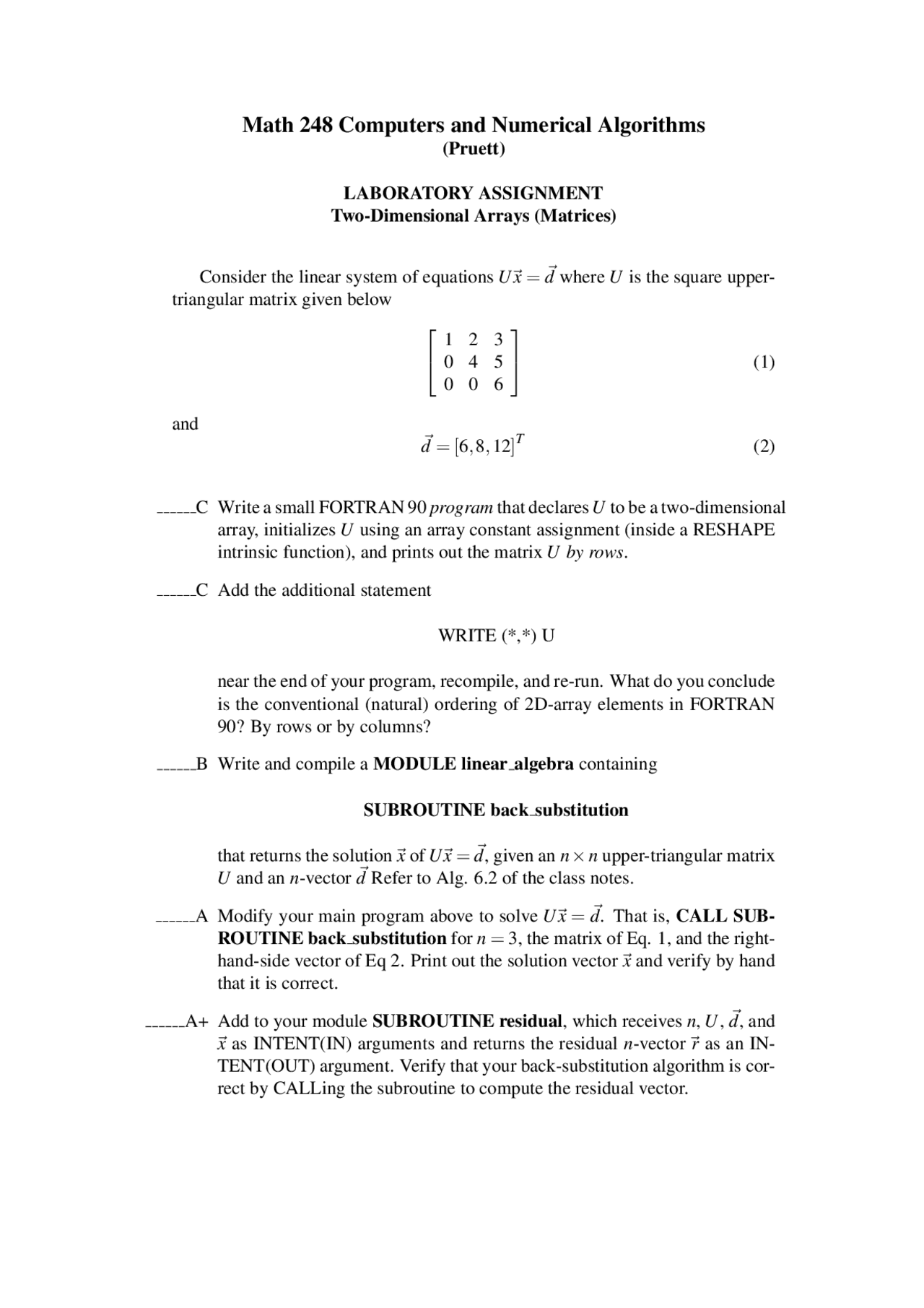 Laboratory Assignment Two Dimensional Arrays Matrices Math 248 Docsity