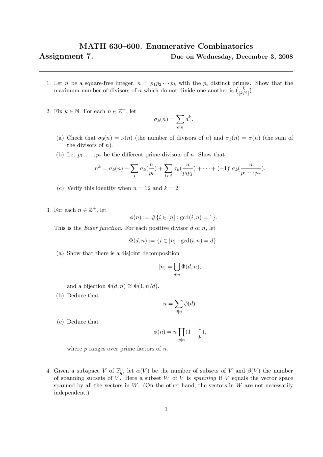 Enumerative Combinatorics Assignment 7 Math 630 Docsity