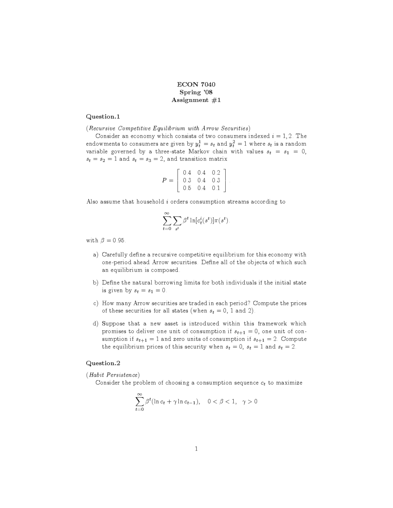 Assignment 1 Questions For Macroeconomic Theory Ii Econ 7040 Docsity