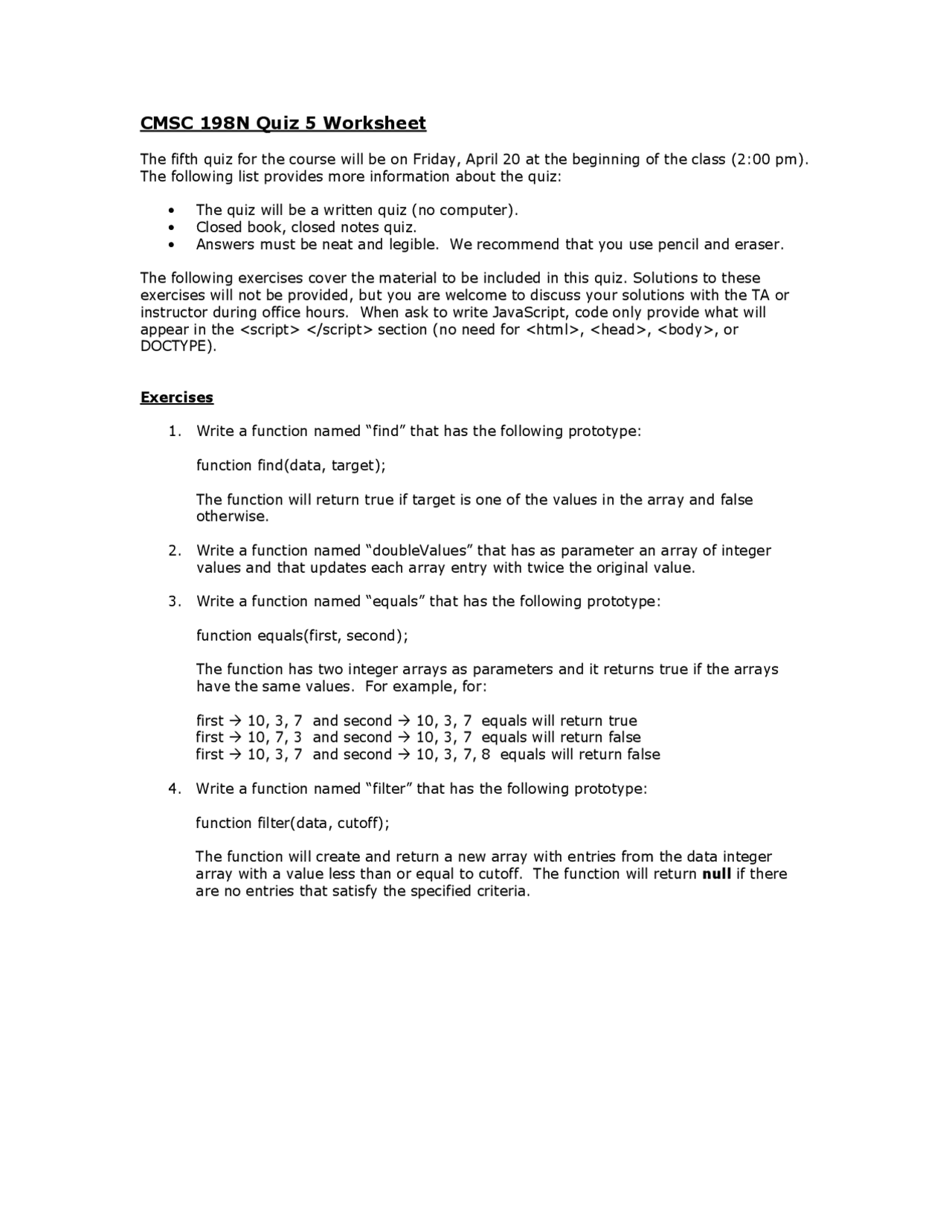 Quiz 5 Worksheet Computer Programming Via Web Cmsc 198n Docsity