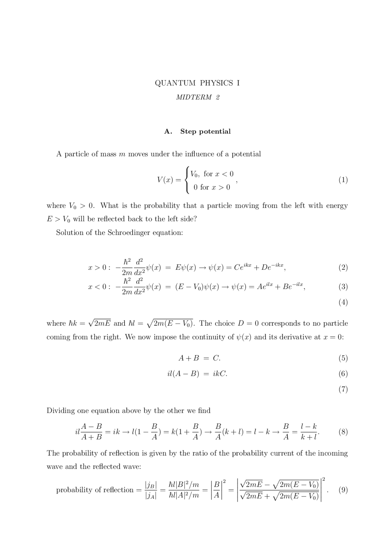Step Potential - Midterm 2 - Quantum Physics I | PHYS 401 - Docsity