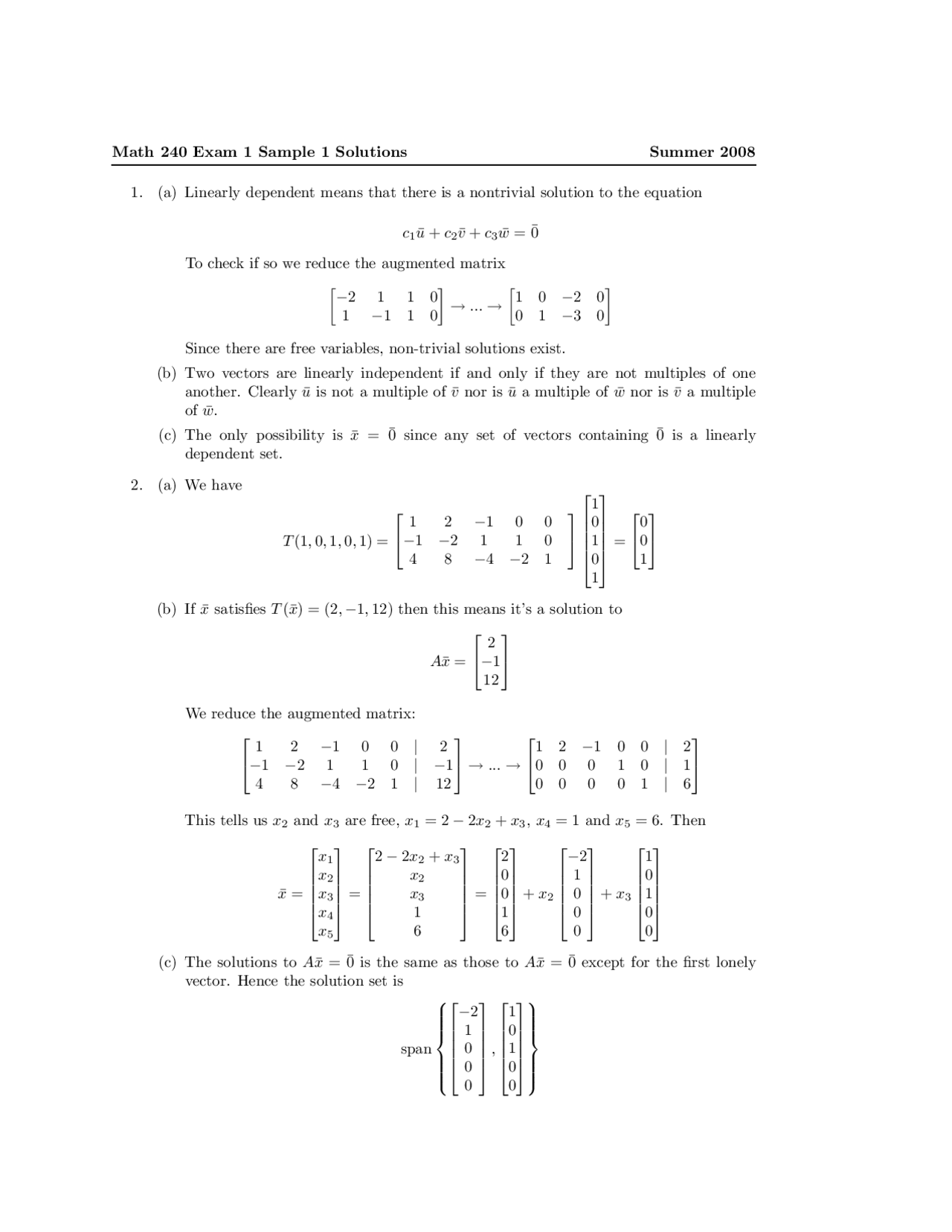 Test I Sample Solutions Introductory Linear Algebra Math 240 Docsity