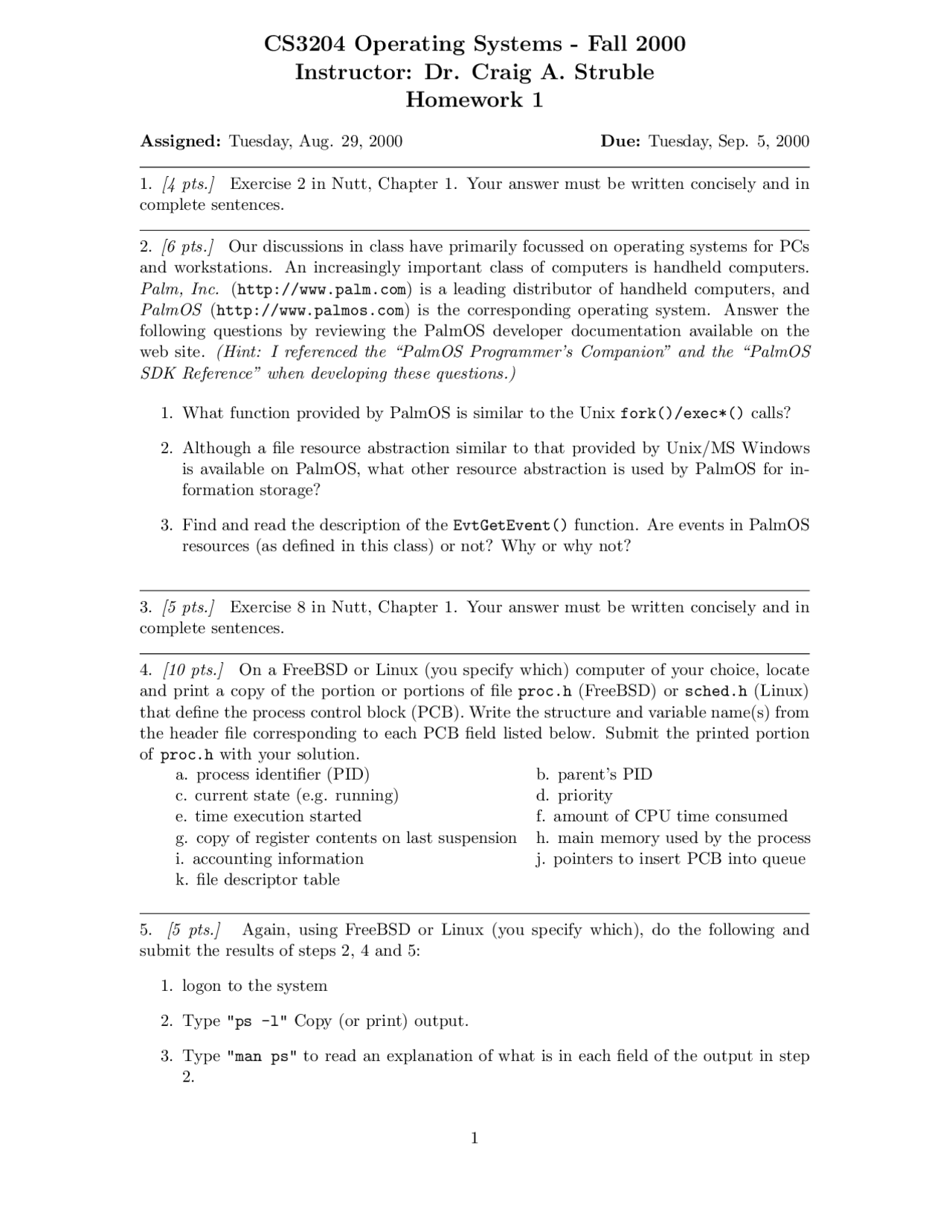 Homework 1 5 Problems On Operating Systems Cs 3204 Docsity