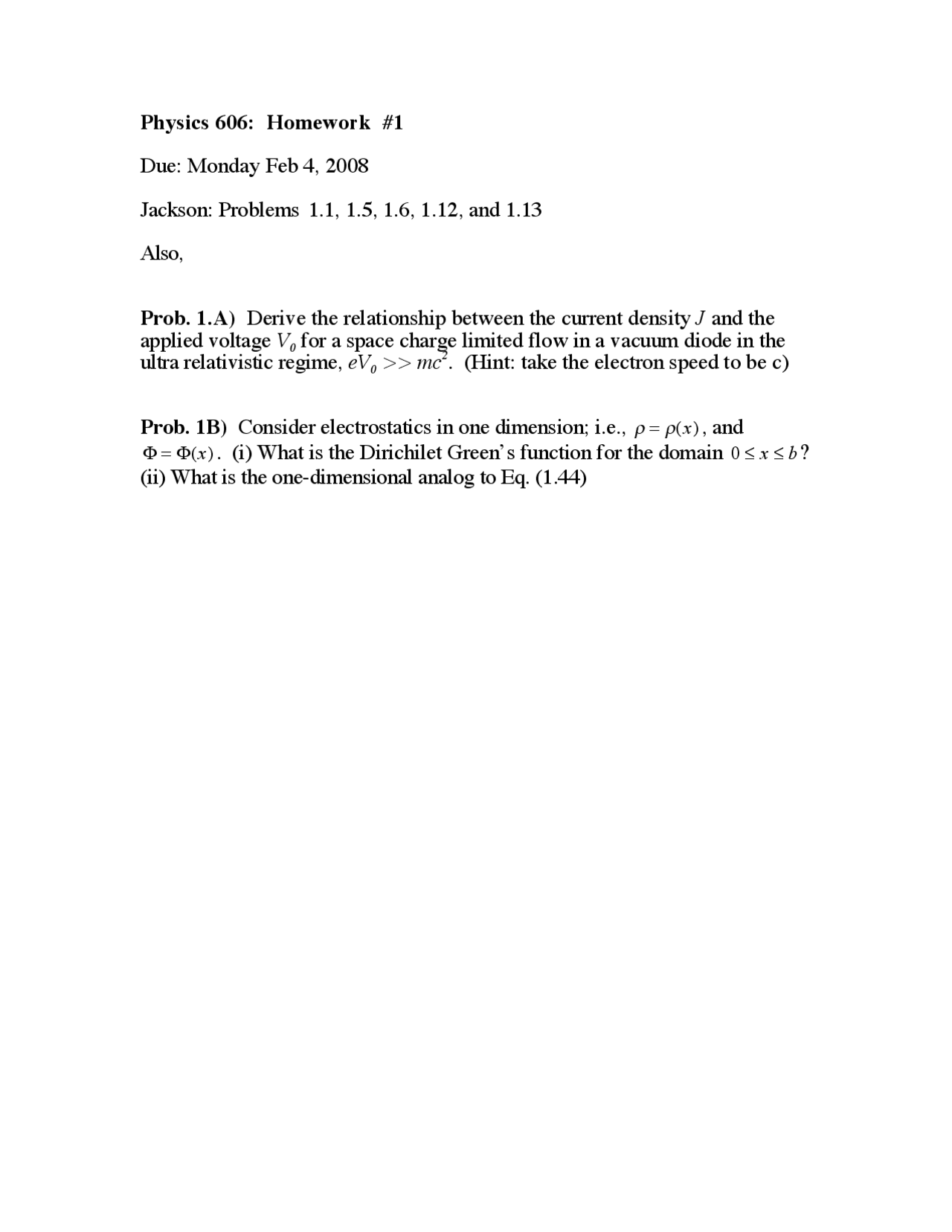 Homework 1 Problems Electrodynamics Phys 606 Docsity