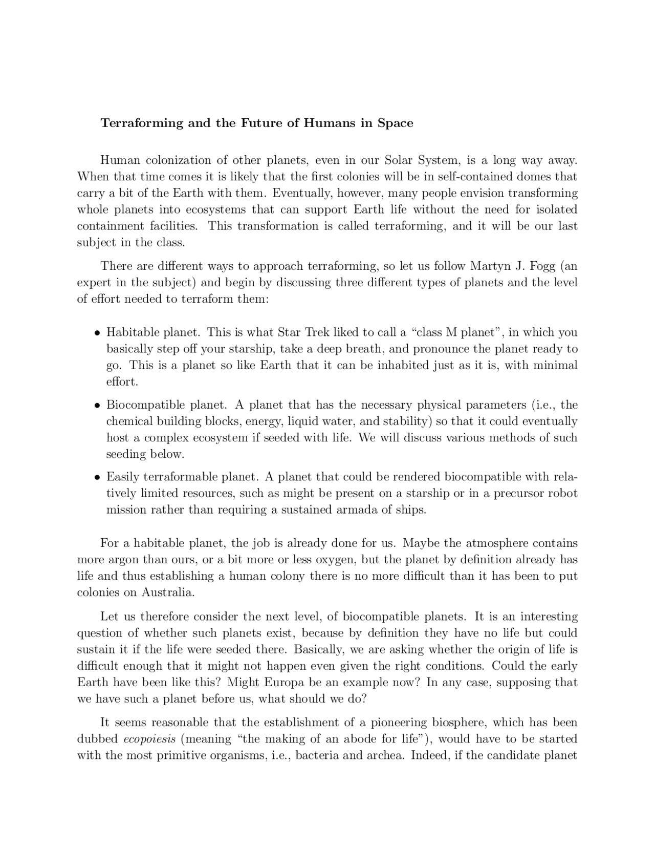 Terraforming And The Future Of Humans In Space Lecture Notes Astr