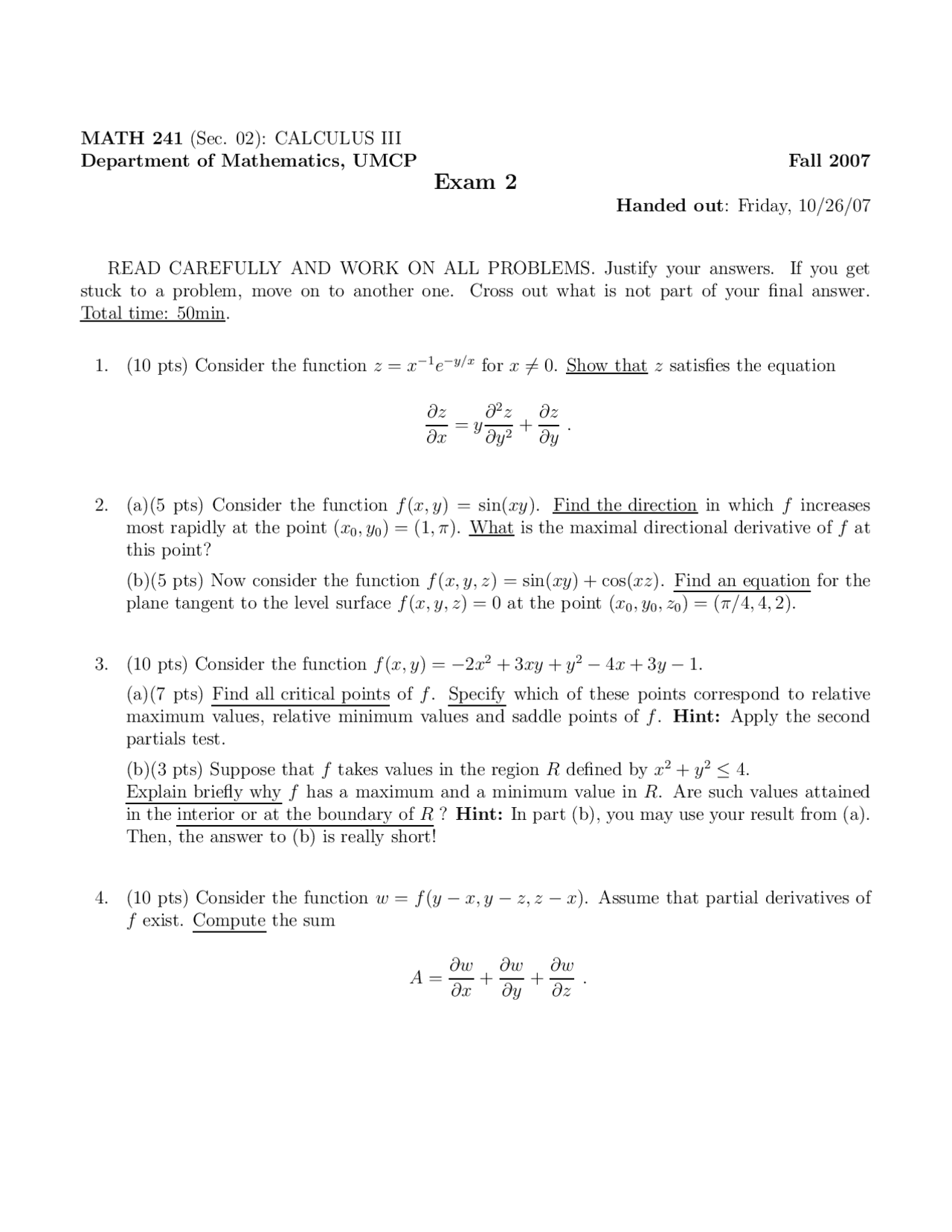 Calculus Iii Exam 4 Problems To Solve Math 241 Docsity