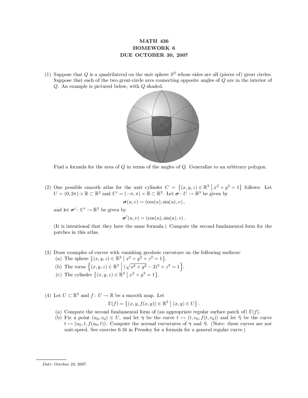 Homework #4 - Differential Geometry - Solutions for Homework 6 | MATH 436 | Assignments ...