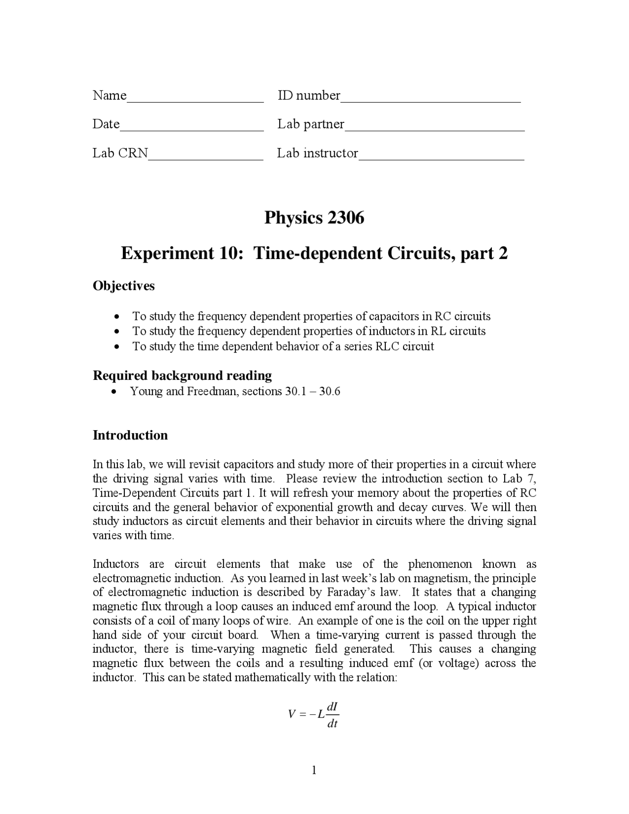 Experiment 10, Time-Dependent Circuits - Foundations of Physics I ...