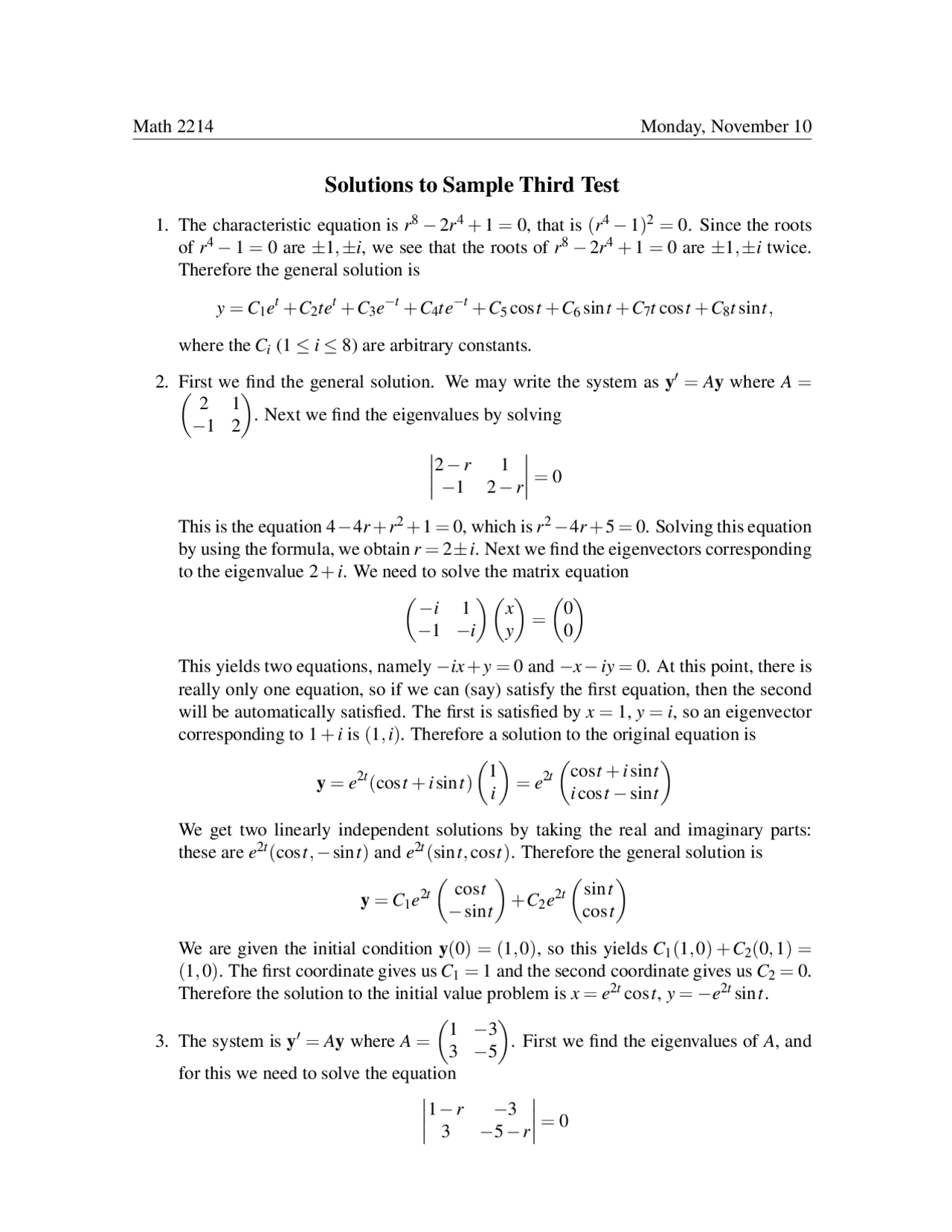 Sample Test 3 Solutions Introduction To Differential Equations Math