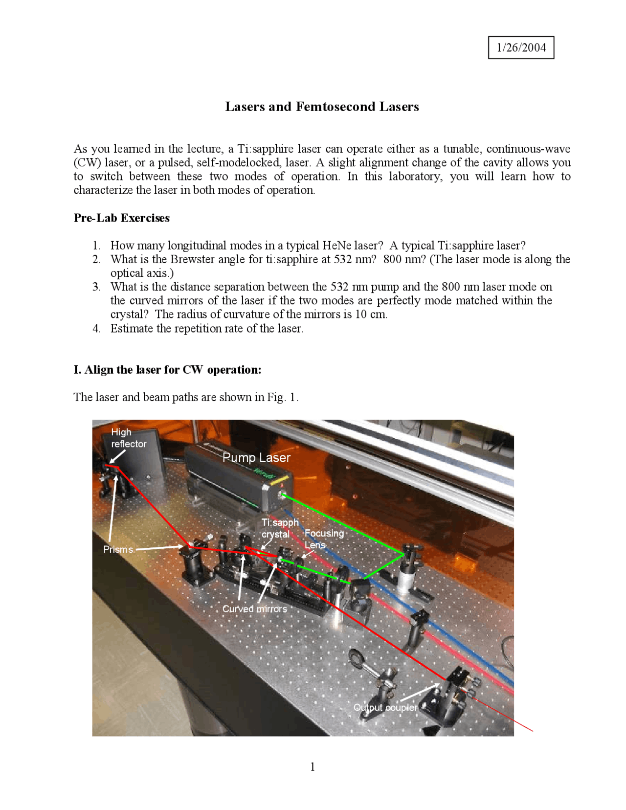 Lasers And Femtosecond Lasers Optical Lab Ecen 5606 Docsity