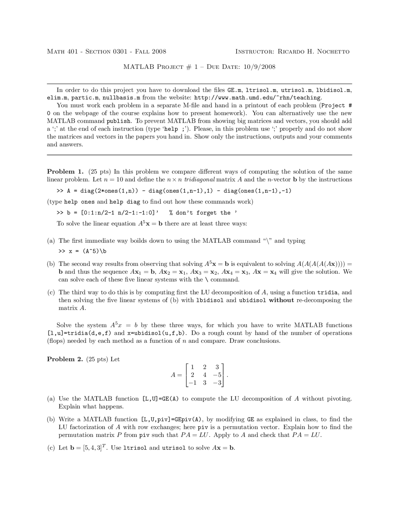 MATLAB Project 1 - Homework | Applications of Linear Algebra | MATH 401 ...