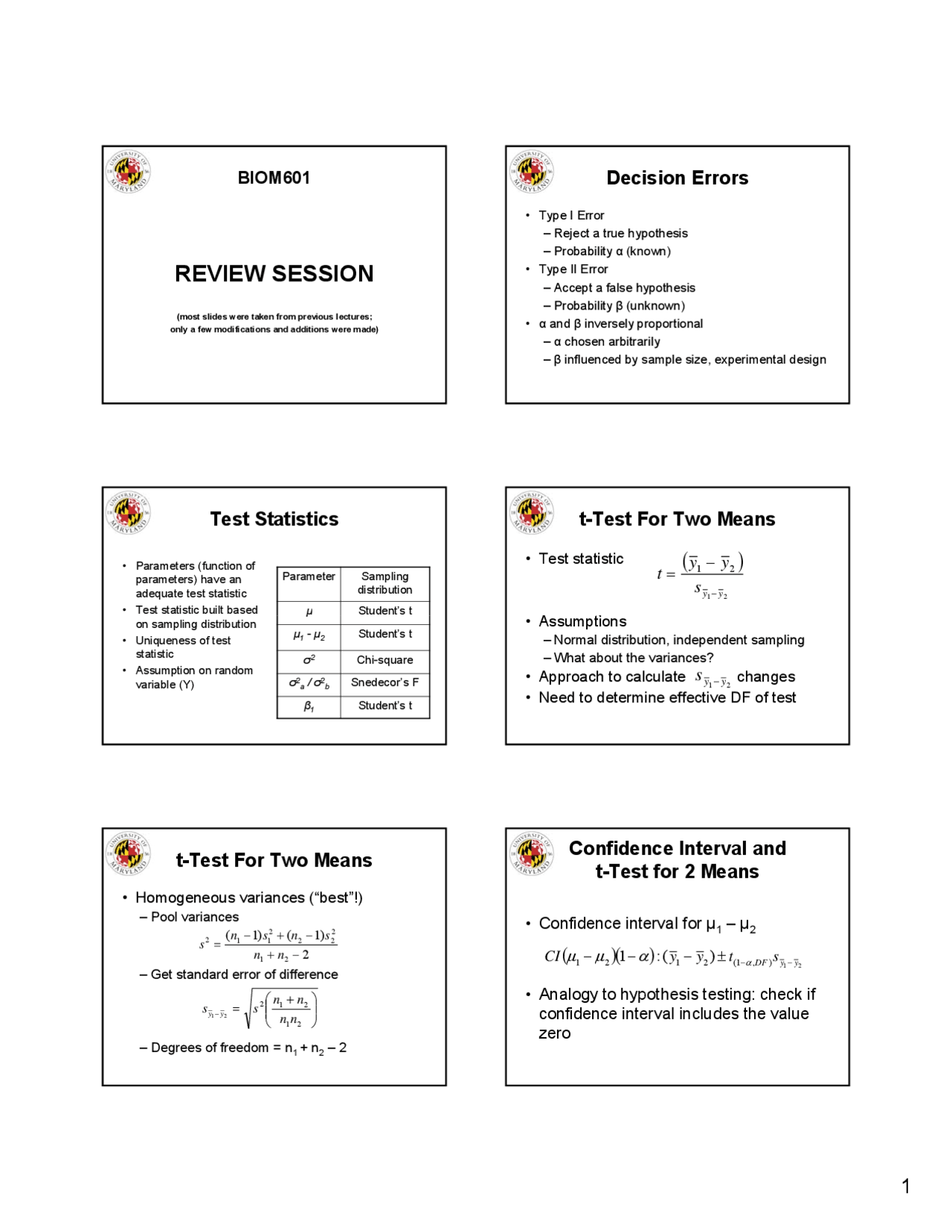 Review Session Decision Errors Lecture Slides Biom 601 Docsity