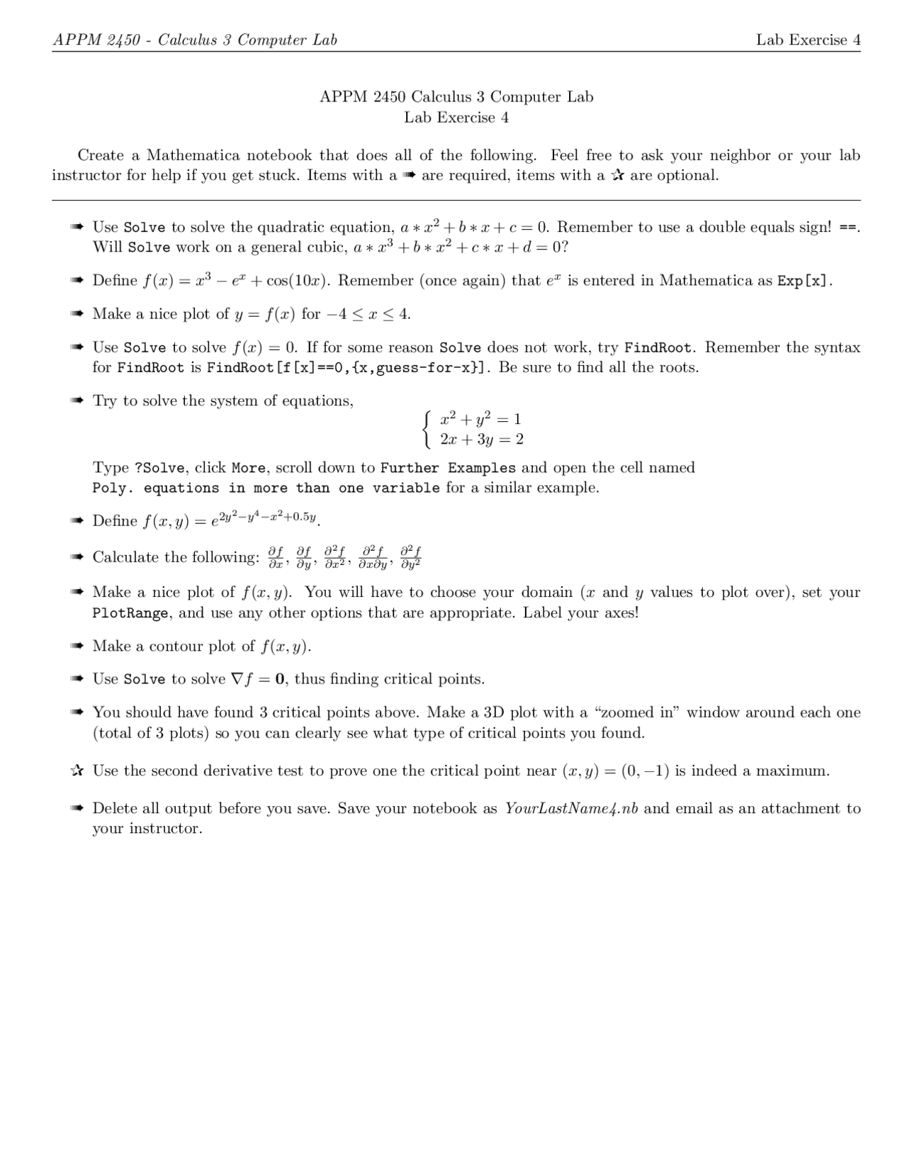 Lab Exercise 4 Calculus 3 Computer Lab Appm 2450 Docsity
