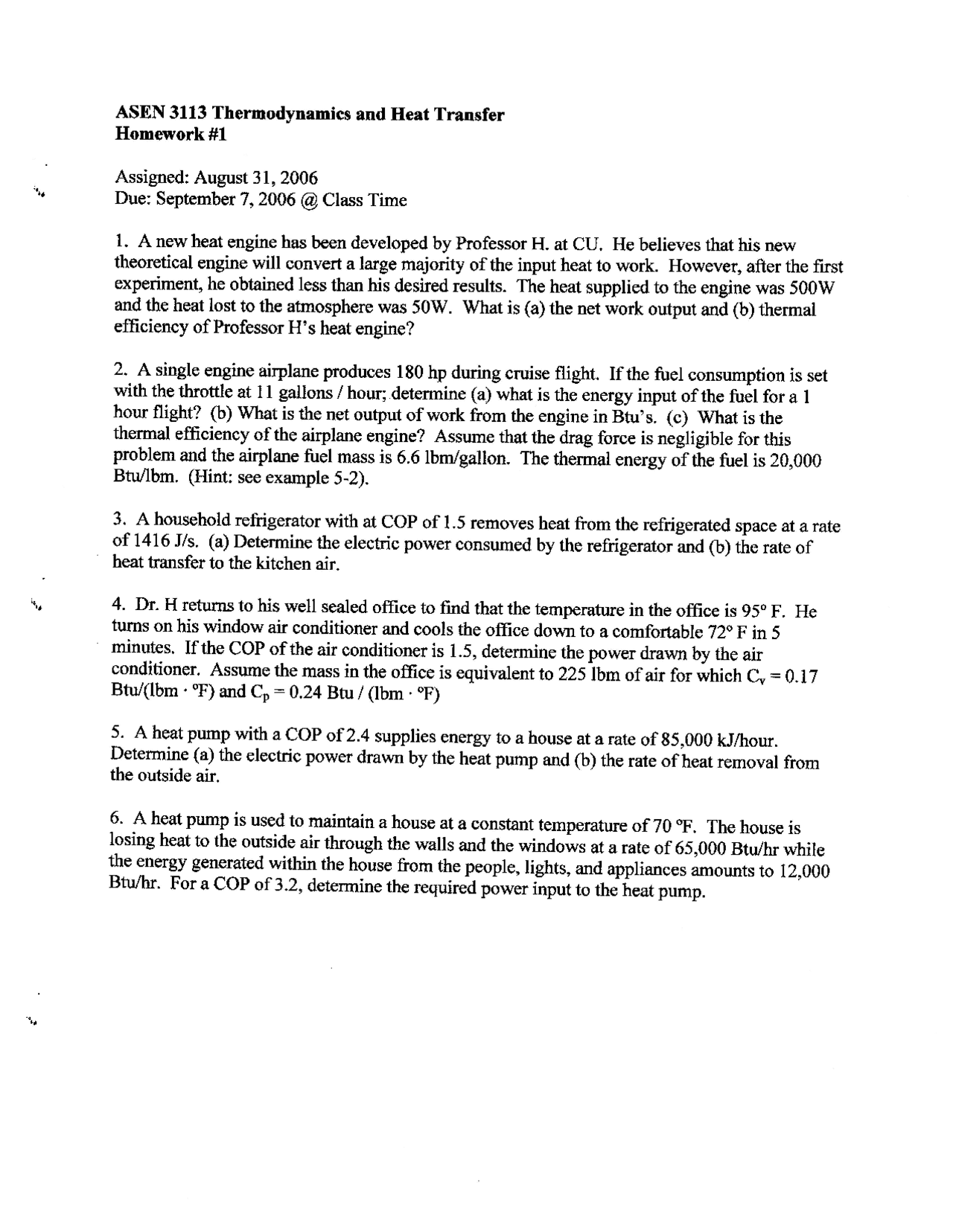 Homework 1 Thermodynamics And Heat Transfer Asen 3113 Docsity