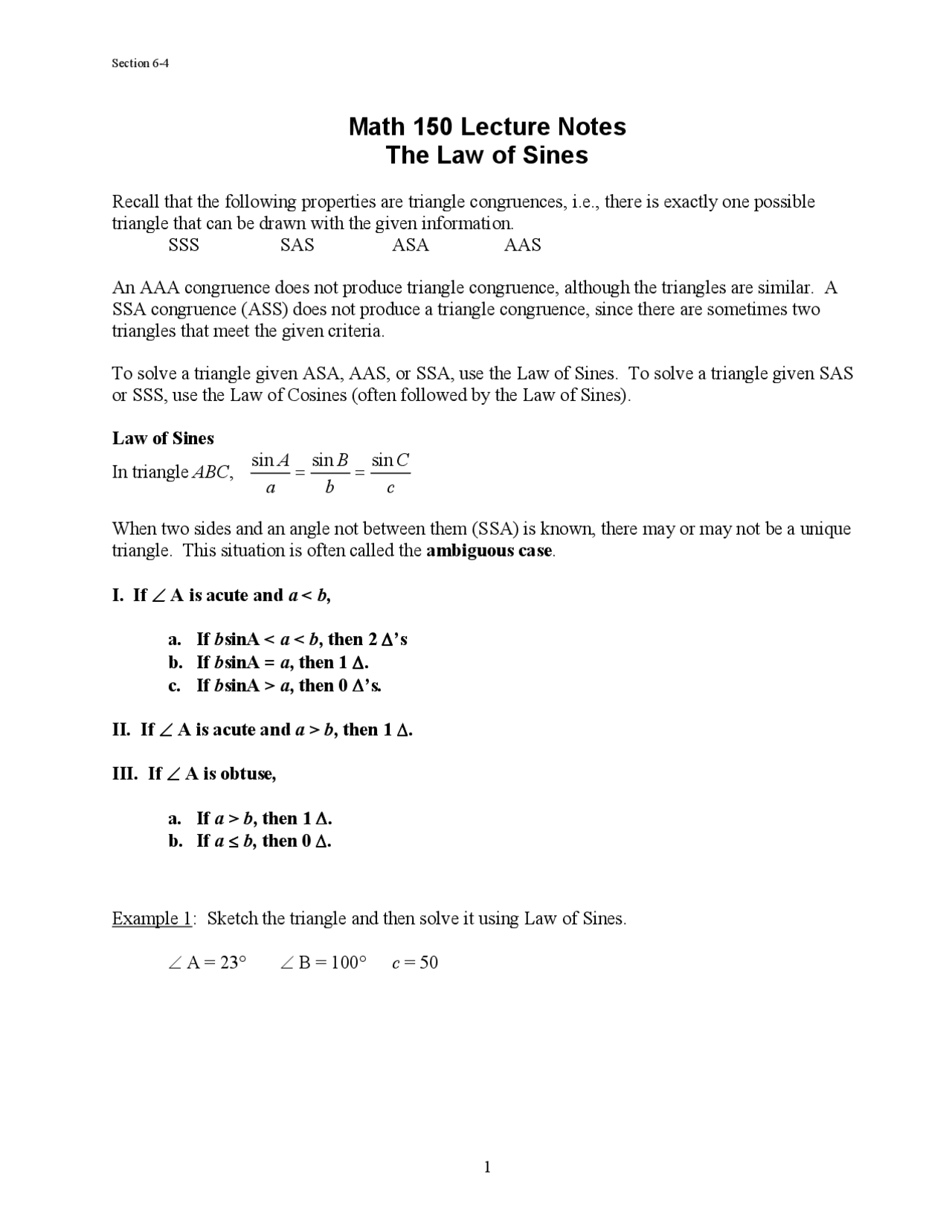 The Law Of Sines In Functions Trigonometry Math 150 Docsity