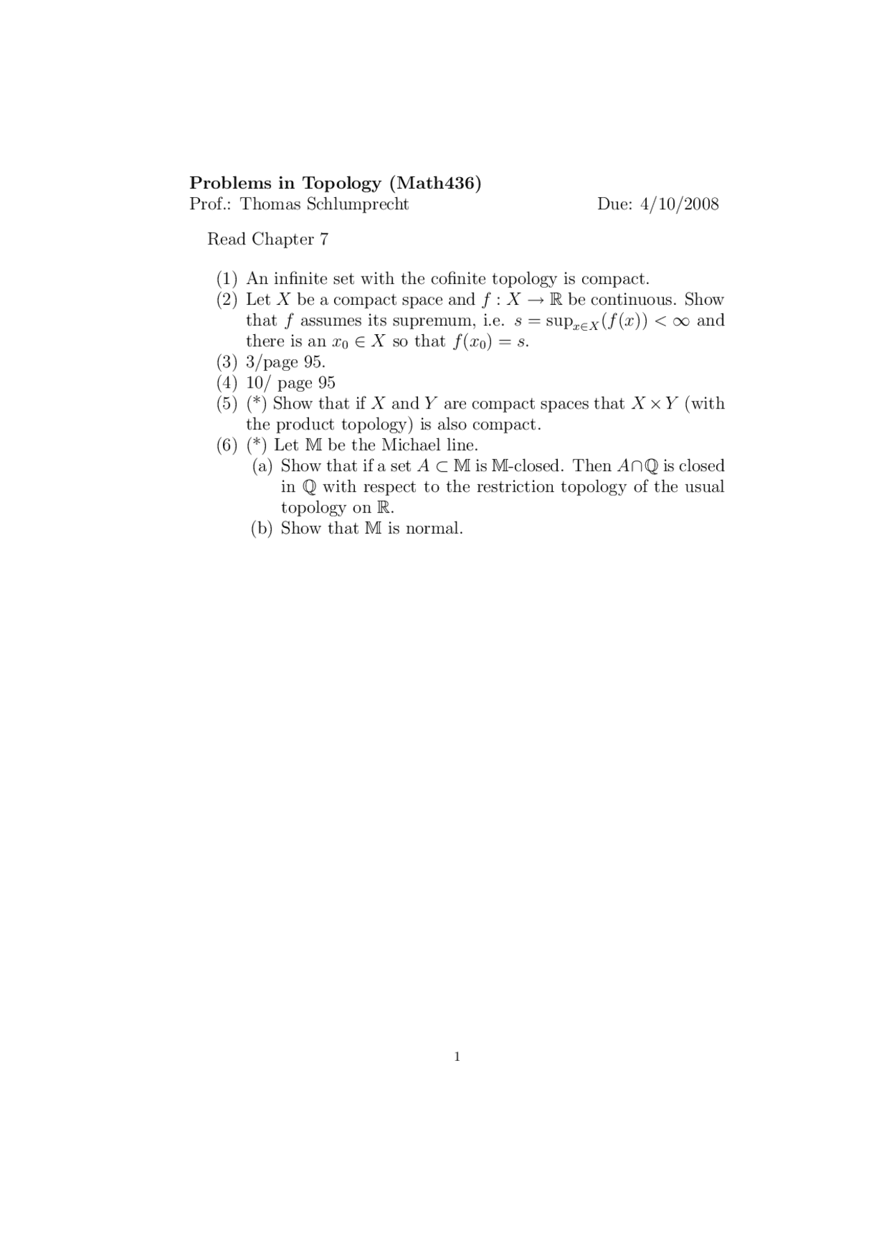 Assignment 10 Introduction To Topology Math 436 Docsity