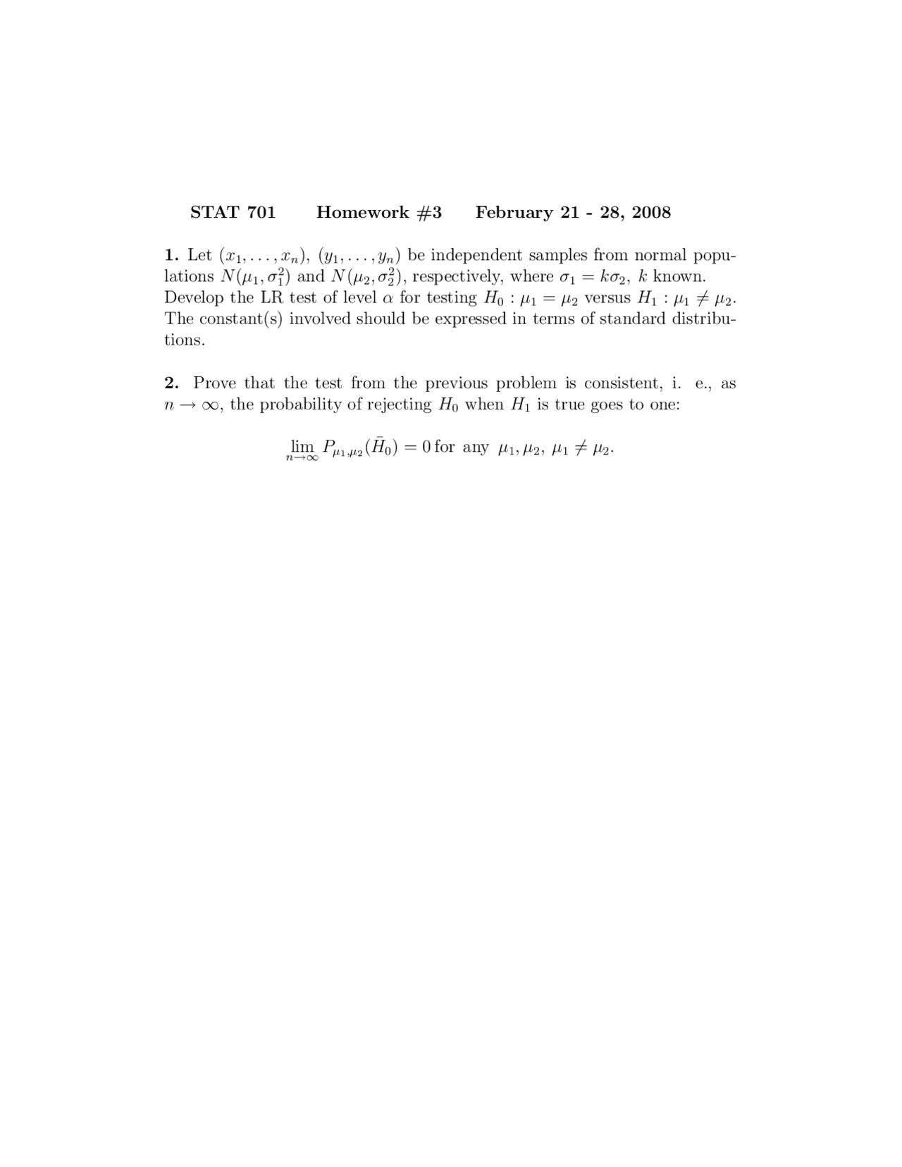 2 Problems On The Standard Distribution Assignment 1 Stat 701 Docsity