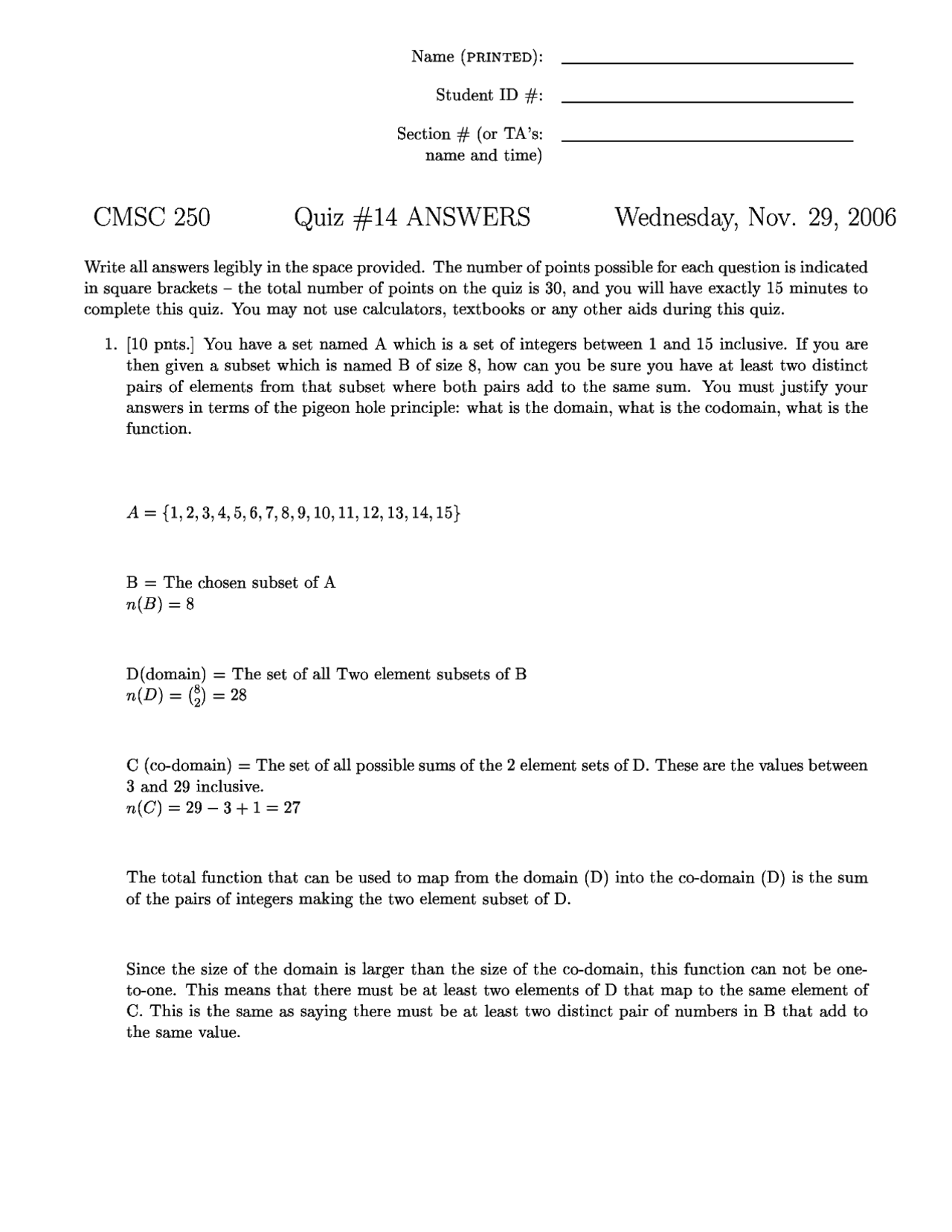 Quiz 14 Answers Discrete Structures Cmsc 250 Docsity