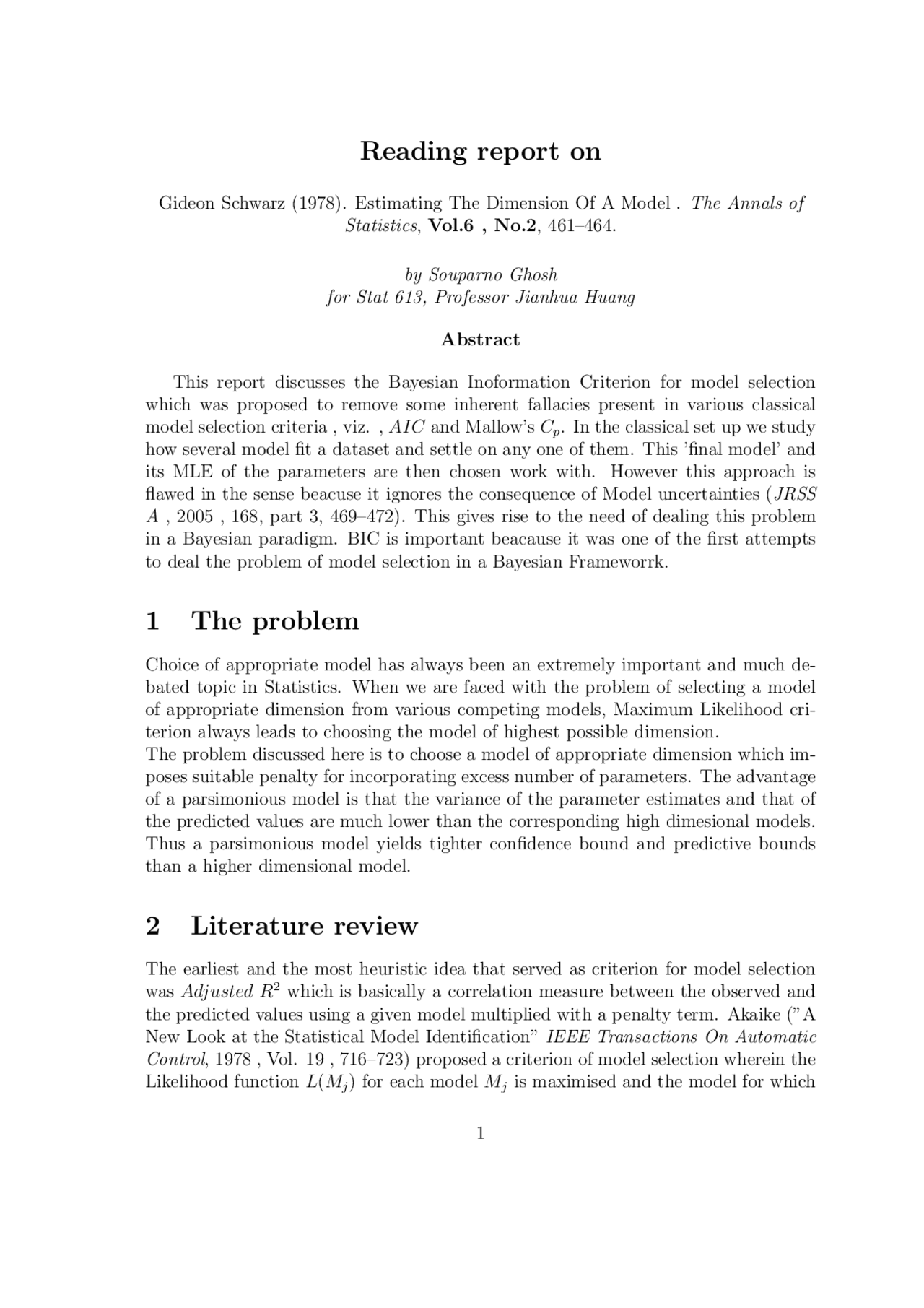 Estimating the Dimension of A Model | Statistics Methodology I | STAT 613 - Docsity
