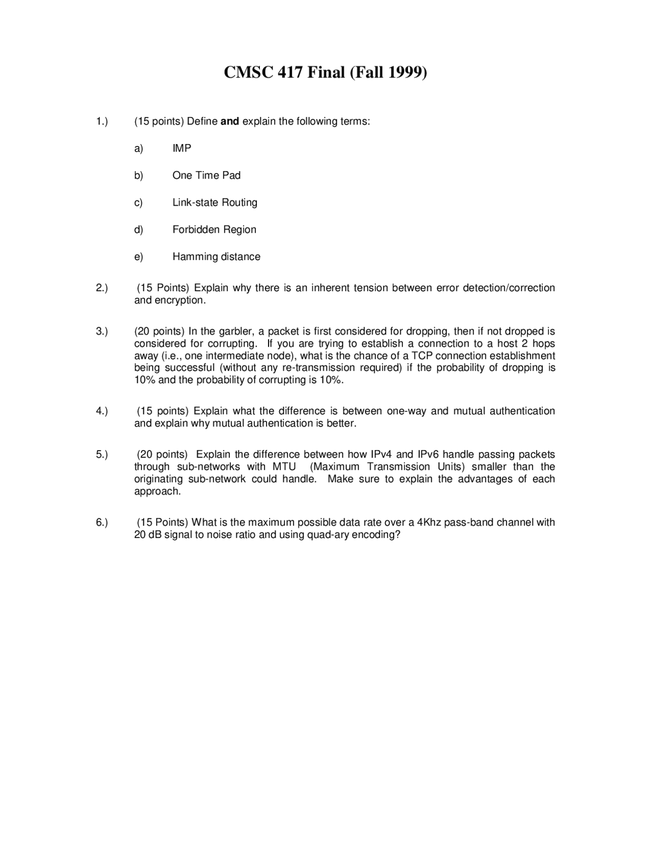 Final Exam Questions Computer Networks Fall 1999 Cmsc 417 Docsity