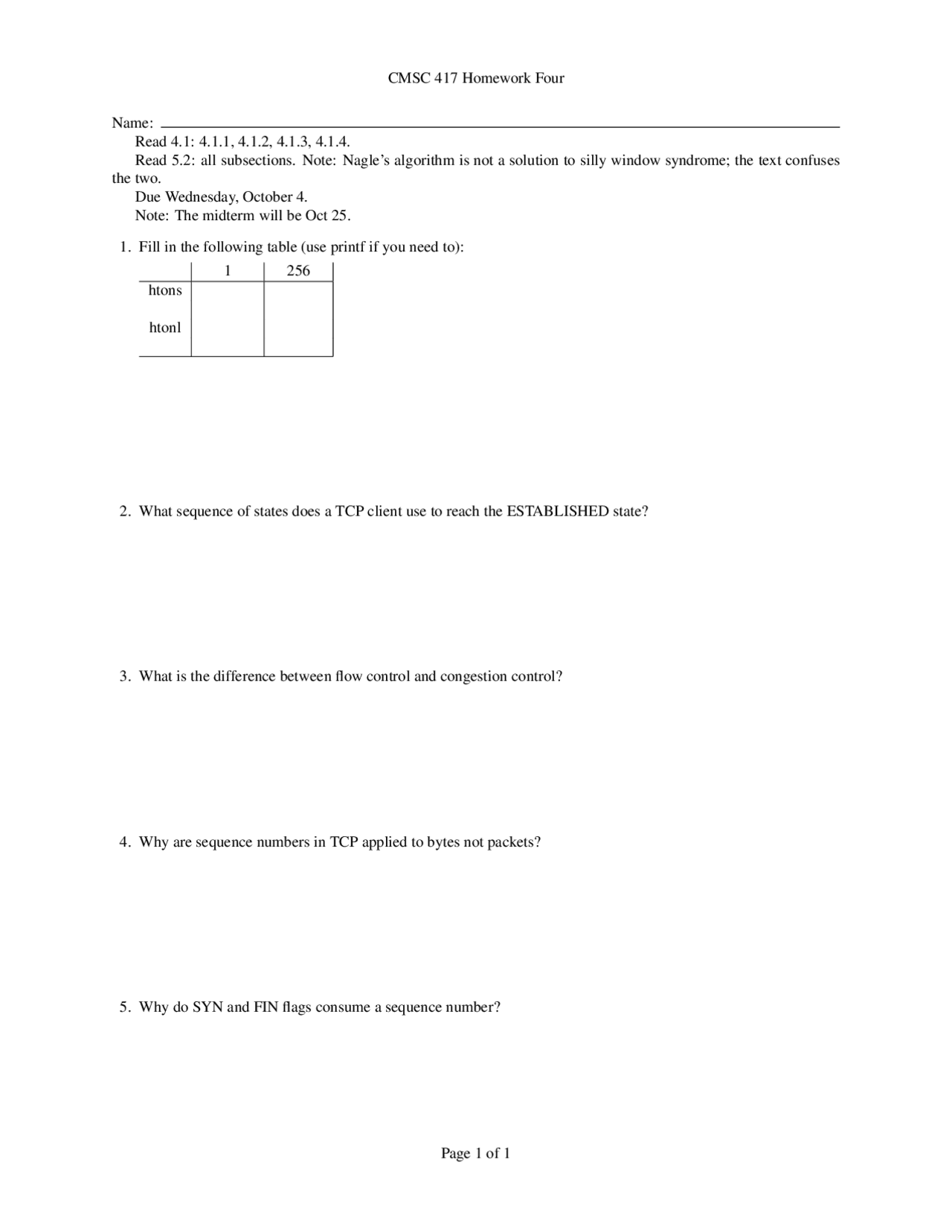 Assignment 4 Questions Computer Networks Cmsc 417 Docsity