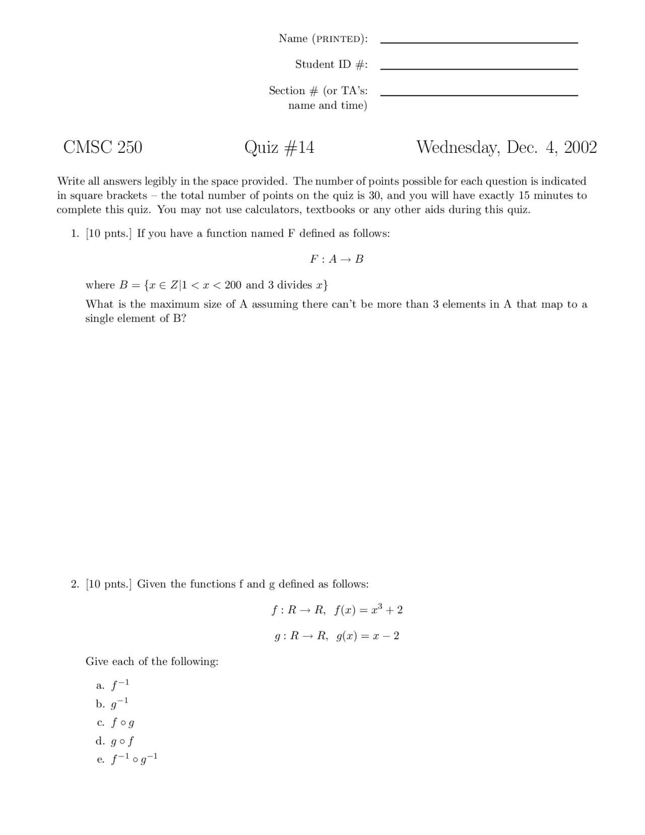 Quiz In Cmsc 250 Questions On Functions Prof Jandelyn Dawn Plane Quizzes Discrete