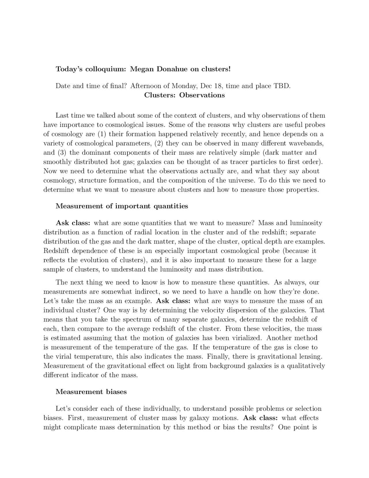 Notes On Clusters Observations Observational Cosmology Astr 688
