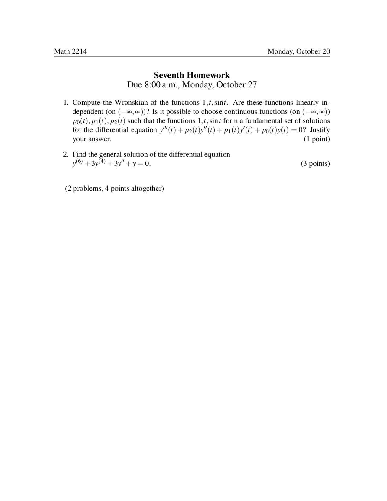 Seventh Homework Introduction Differential Equations Math 2214