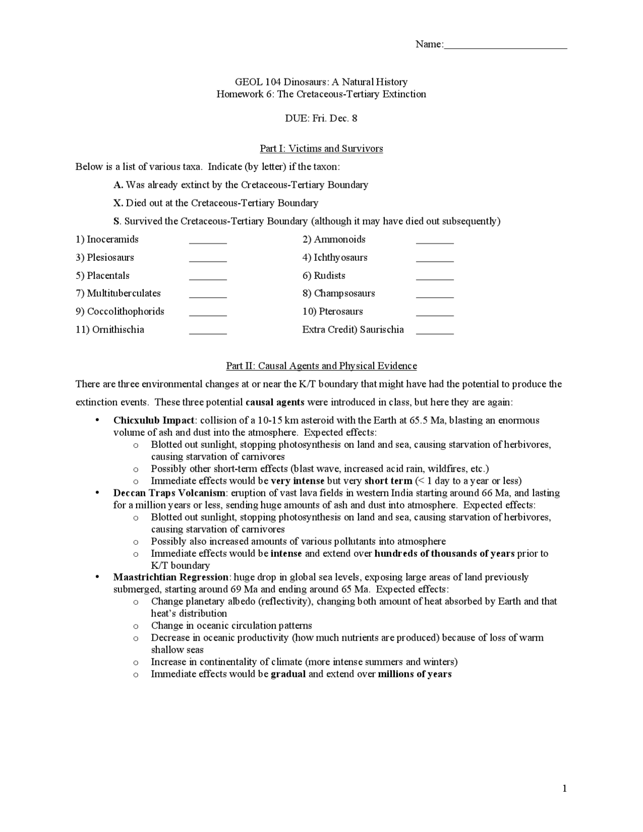 The Cretaceous Tertiary Extinction Homework 6 Geol 104 Docsity