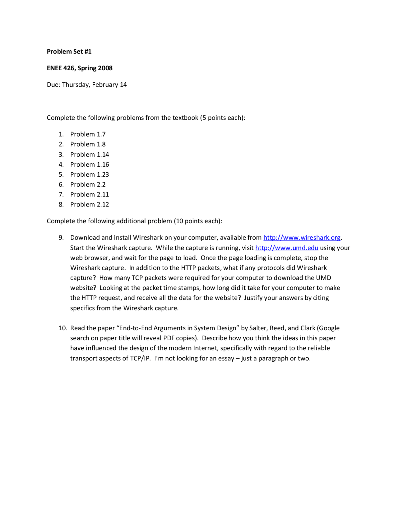 Communication Networks Problem Set 1 Questions Enee 426 Docsity