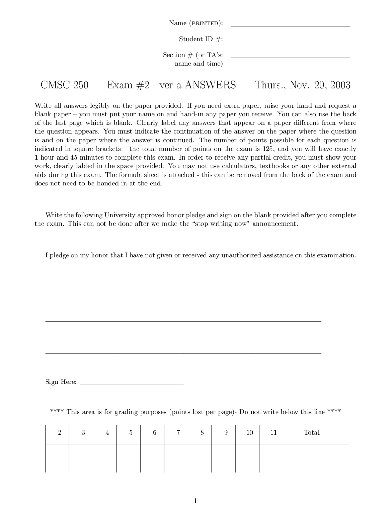 Test 2 Version A Answers Discrete Structures Cmsc 250 Docsity