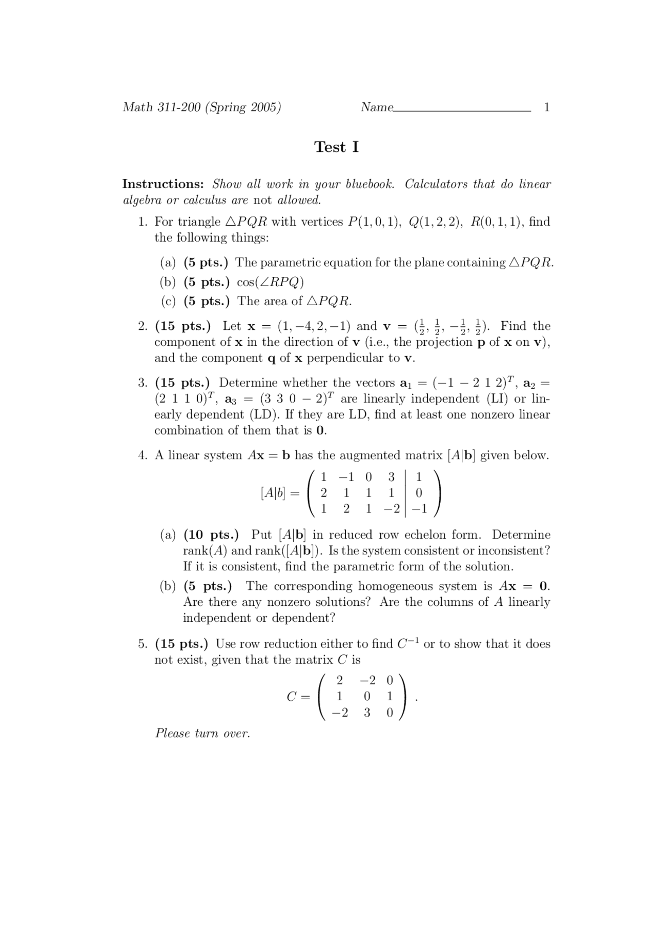 Practice Test 1 Topics In Applied Mathematics I Math 311 Docsity