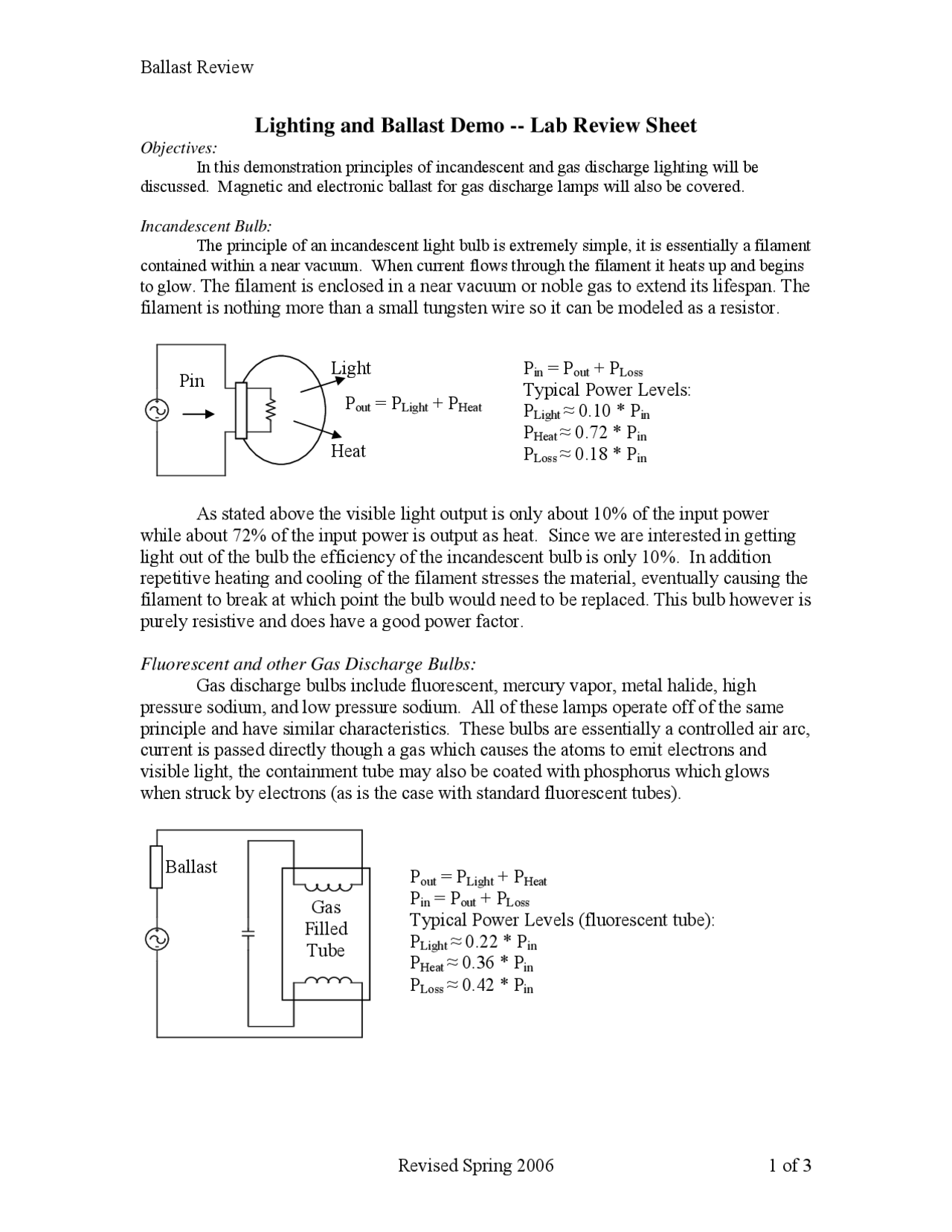 Lighting And Ballast Demo Lab Review Sheet Ece 3354 Docsity