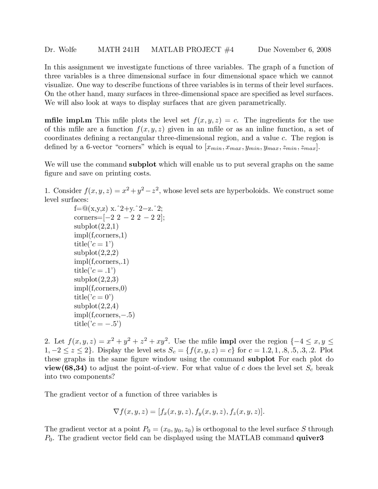 Matlab Project 4 Calculus Iii Math 241h Docsity