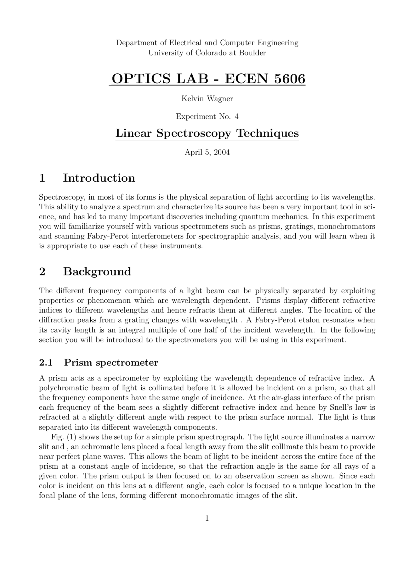 Linear Spectroscopy Techniques Optical Lab I Ecen 5606 Docsity