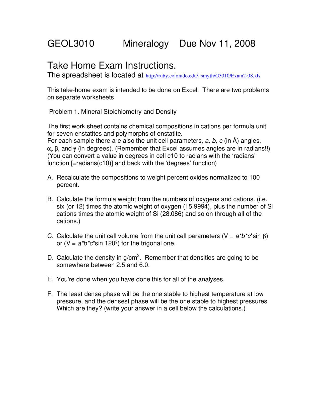 2 Problems With Solution Introduction To Mineralogy Geol 3010 Docsity