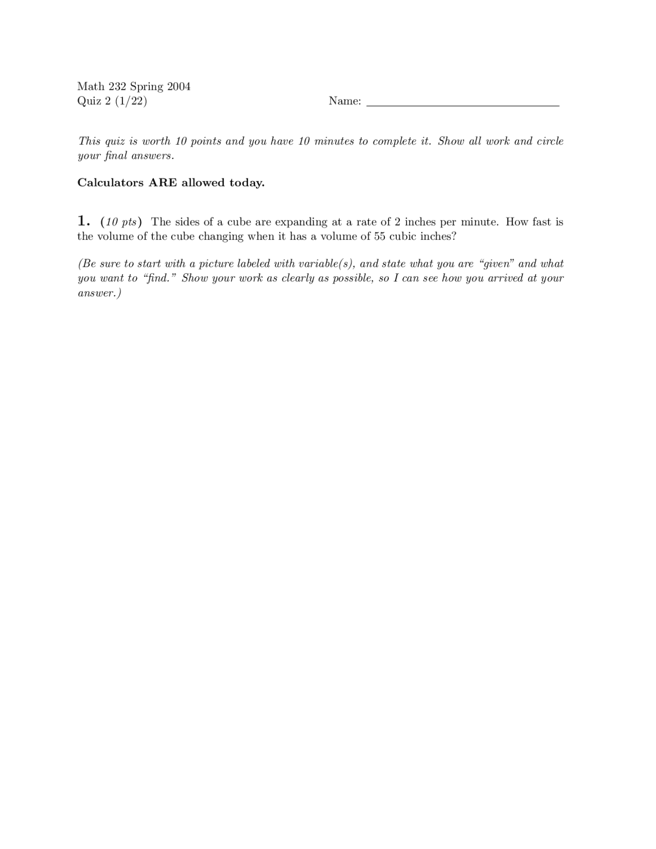 Calculus With Functions Ii Quiz 2 Problem Math 232 Docsity
