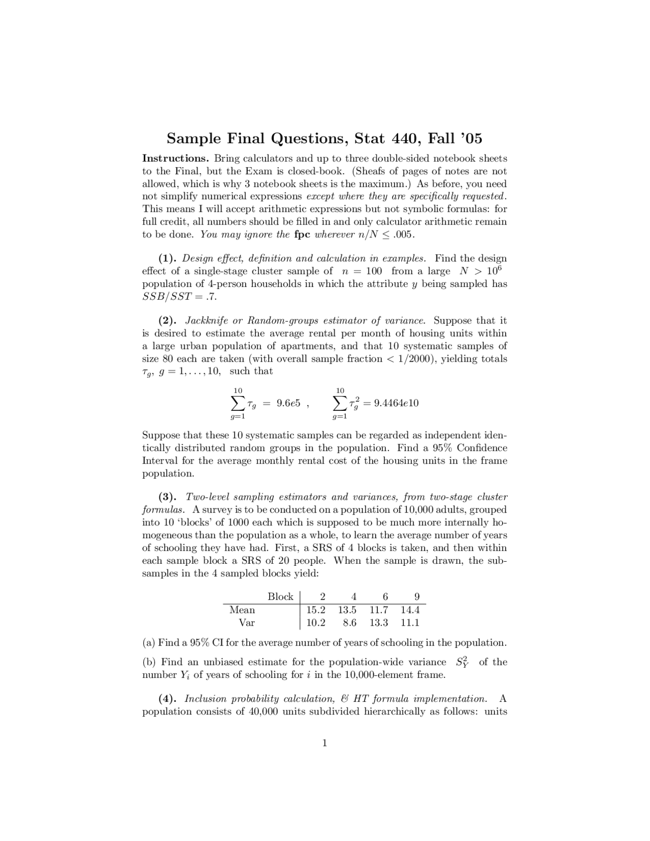 Sample Final Exam Answers - Sampling Theory | STAT 440 | Exams Survey ...