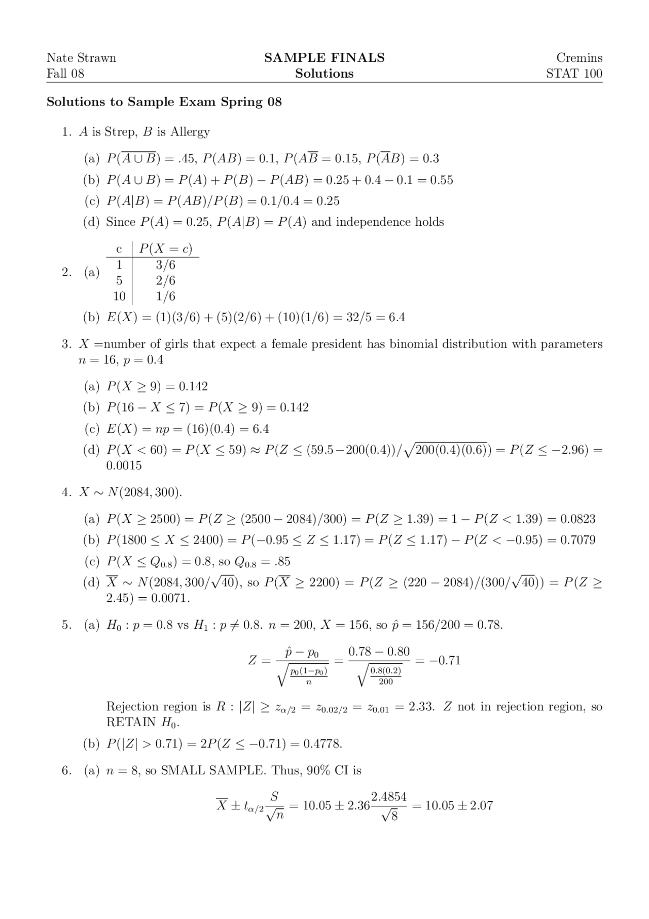 Sample Final Solutions for Elementary Statistics and Probability | STAT ...