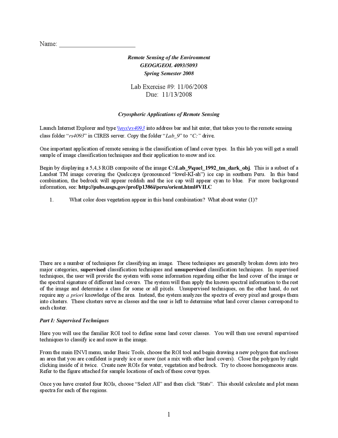 Cryospheric Applications of Remote Sensing - Lab Exercise 9 | GEOG 4093 - Docsity