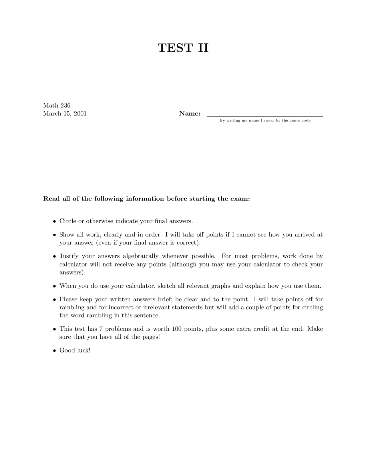 7 Problems On Calculus Ii Old Examination 2001 Math 236 Docsity